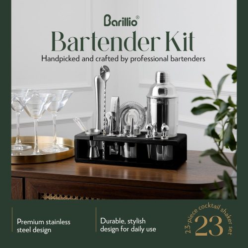 Barillio® Mixology Silver Bartender Kit With Black Elegant Bamboo Stand ...