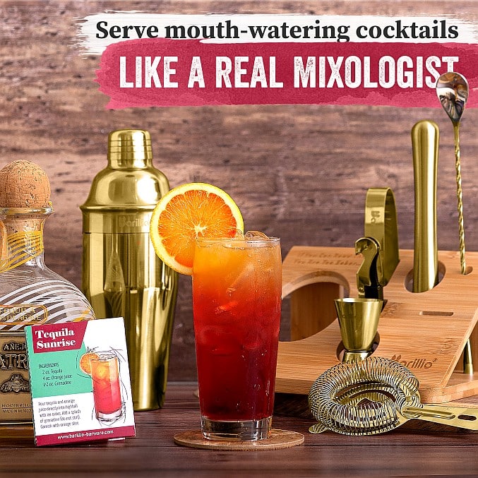 Cocktail Shaker Set Drink Mixer With Elegant Bamboo Stand (Gold) - Barillio