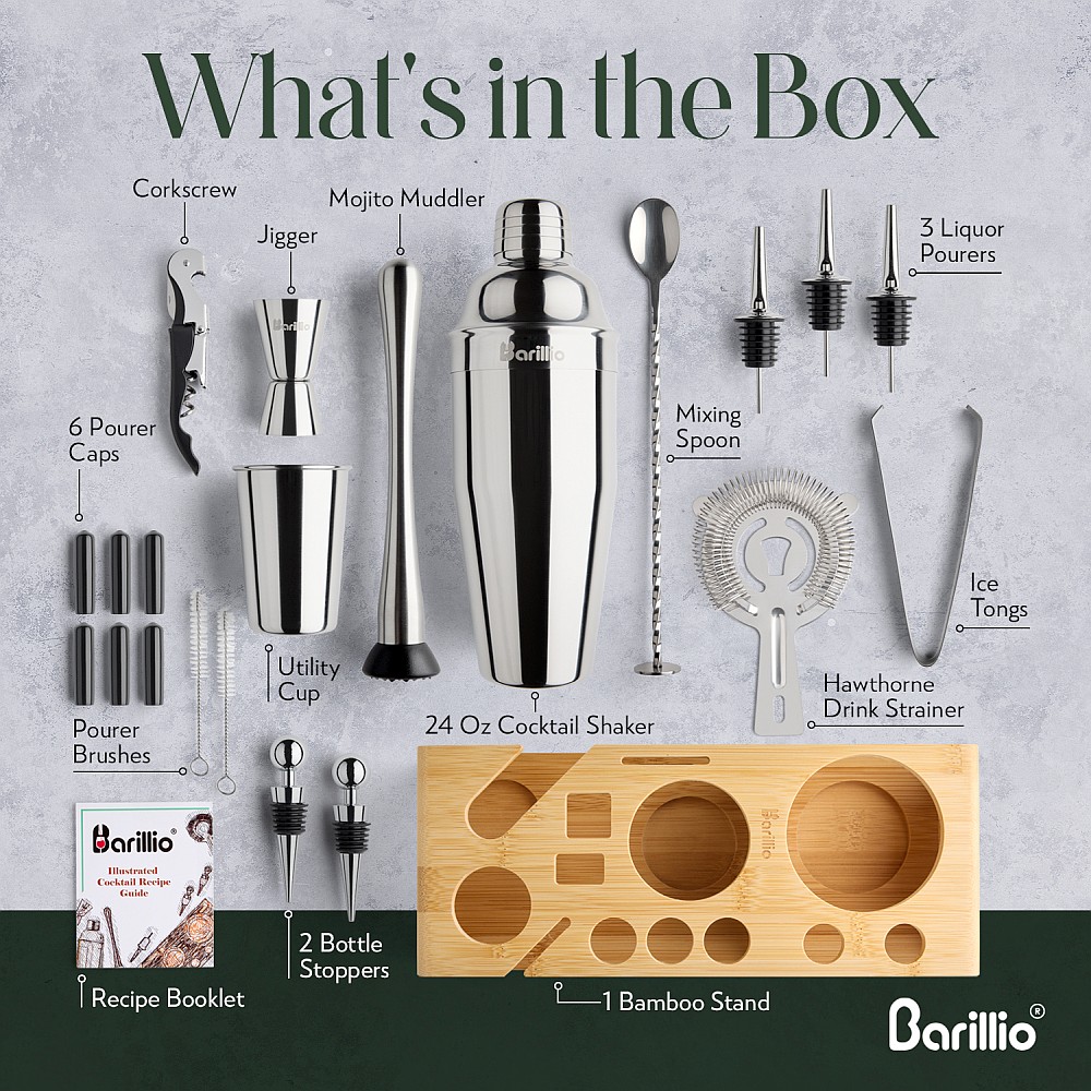 Barillio® Mixology Silver Bartender Kit With Black Elegant Bamboo Stand ...