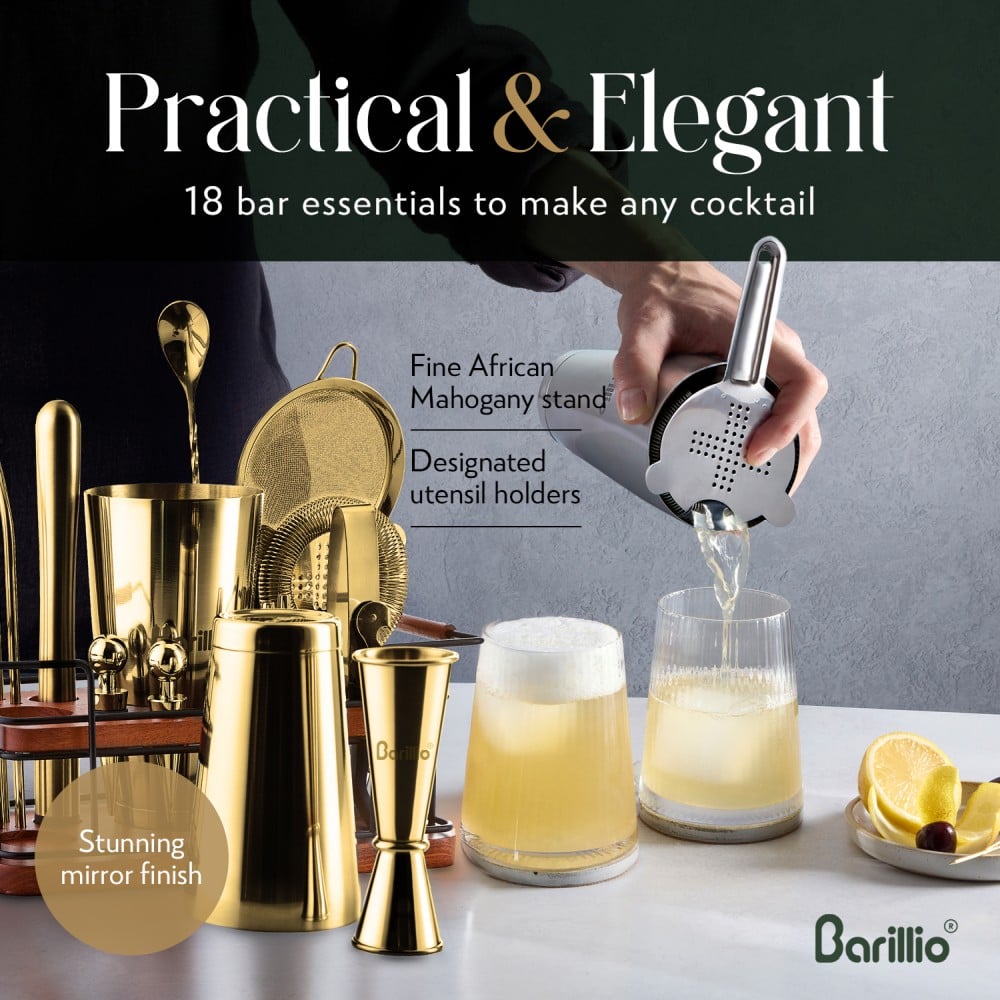 Gold 18-Piece Bartender Kit With Mahogany Stand | Barillio®